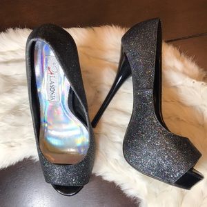 Lasonia | Shoes | Black Heels Shimmery Peep Toe Lasonia Size 85 | Poshmark